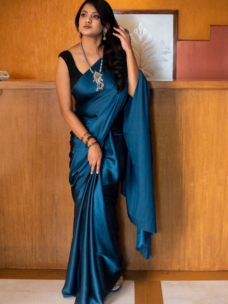 Plain Fancy Satin Silk Saree-Blue