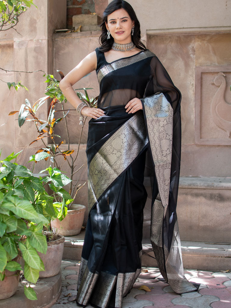 Banarasi Plain Organza Saree With Antique Zari Weaving-Black