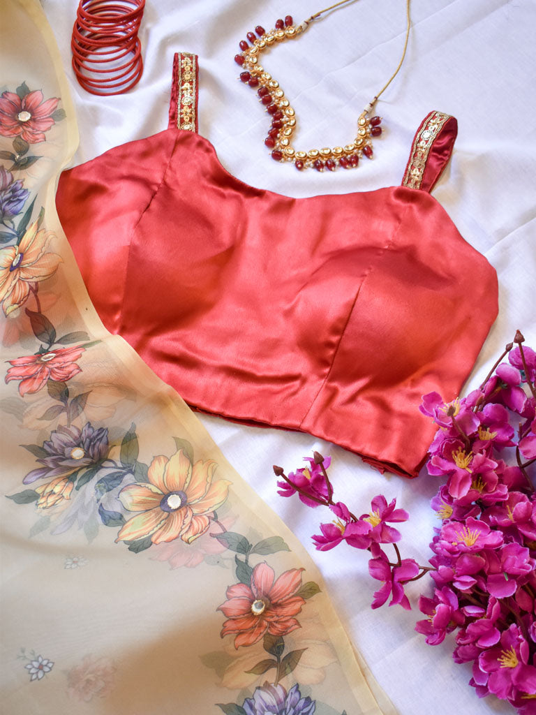 Satin Silk Stitched Lace Strap Blouse-Red